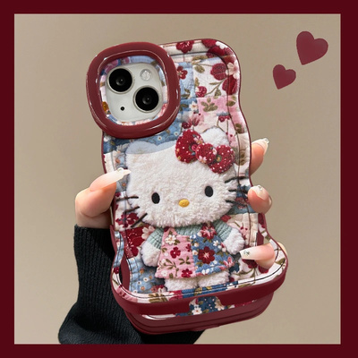 碎花裙kt猫适用苹果17promax手机壳iPhone16/15/14/13pro全包防摔16plus板凳双支架vivo华为小米17oppo女款套