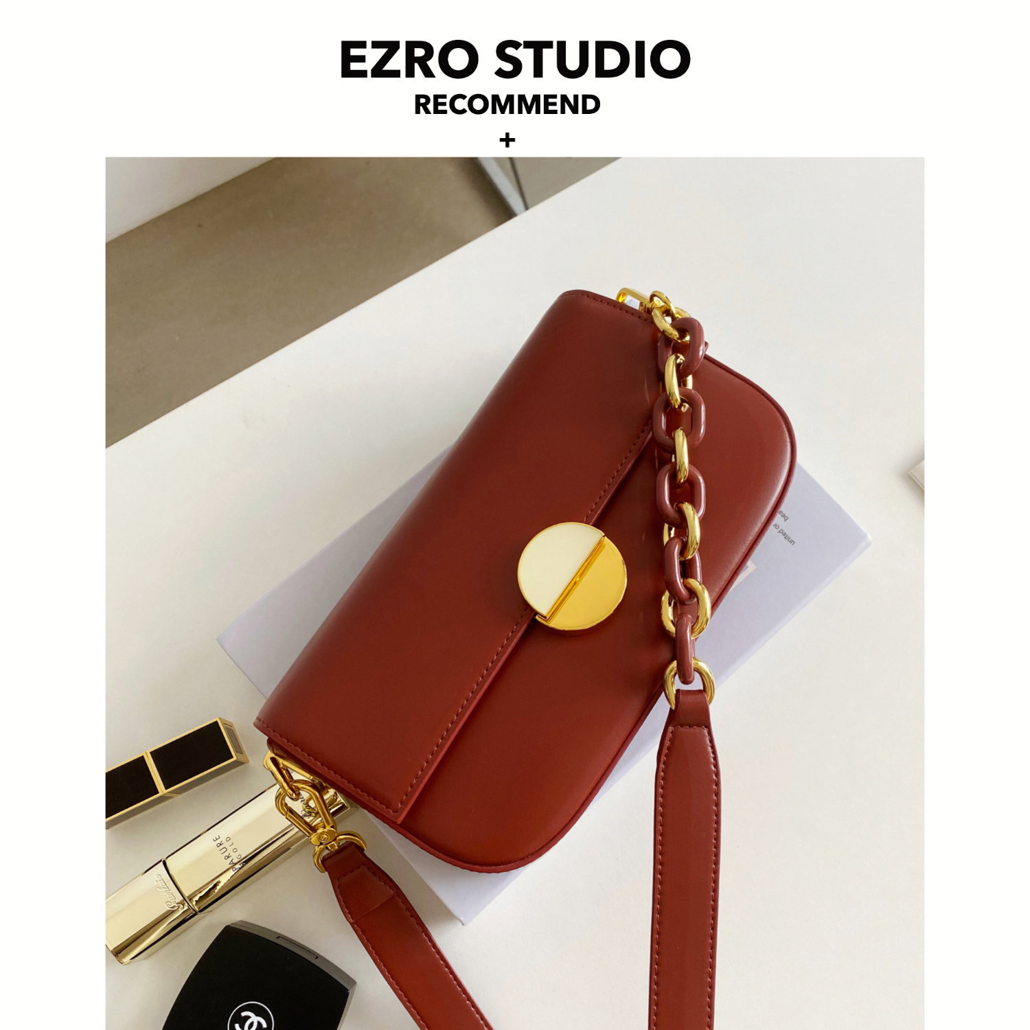 【EZRO】笔记本圆形锁扣链条单肩女包腋下包百搭新款真皮小方包_虎窝淘