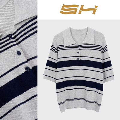 复古条纹风POLO翻领短袖针织衫女宽松时髦拼色上衣