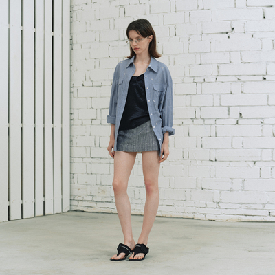 蔚蓝船舵钉珠衬衫蓝白格子上衣