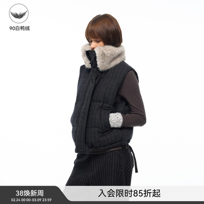 【暖绒格调】BiLLconch羊毛格子羽绒马甲90白鸭绒坎肩毛领外套女