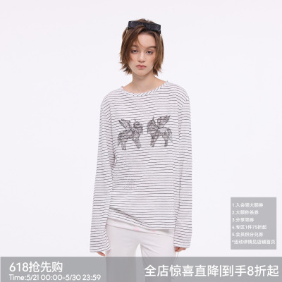 【烟花小马】BiLLconch烫钻条纹长袖t恤女小马印花薄款罩衫上衣