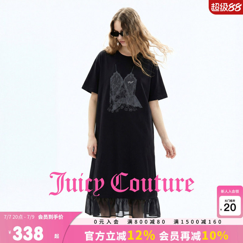 Juicy Couture橘滋连衣裙女26夏季新款黑色蕾丝印花宽松T恤中长裙