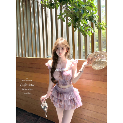 迟伞伞风信紫碎花打揽上衣蛋糕裙