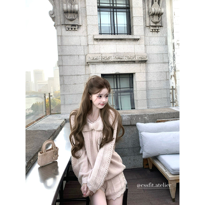 迟伞伞杏粉蝴蝶结针织上衣套装