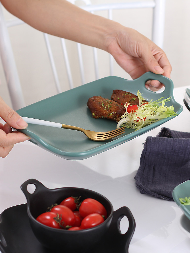 北欧双耳方形餐盘创意家用菜盘子早餐点心摆盘西餐盘烘焙焗烤盘_虎窝淘