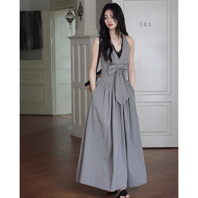 贰羊设计【无解诗】法式气质V领蝴蝶结显瘦连衣裙内搭蕾丝衫套装