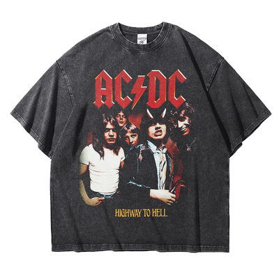 男女夏欧美acdc乐队硬摇滚宽松大码做旧水洗重磅纯棉五分短袖T恤