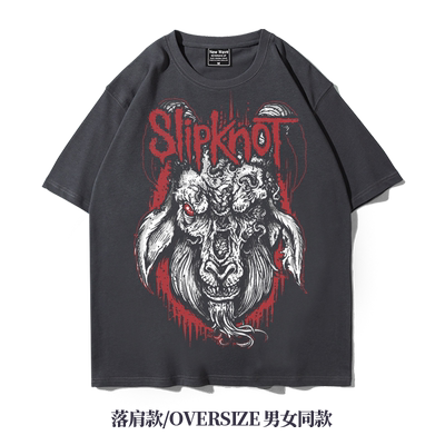 美式重磅阿美咔叽活结slipknot摇滚落肩款五分袖oversizeT恤夏男