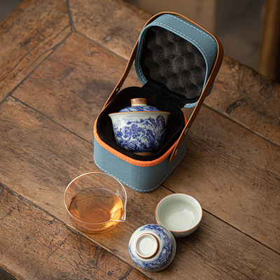 Travel tea set, one pot, two cups, blue and white landscape