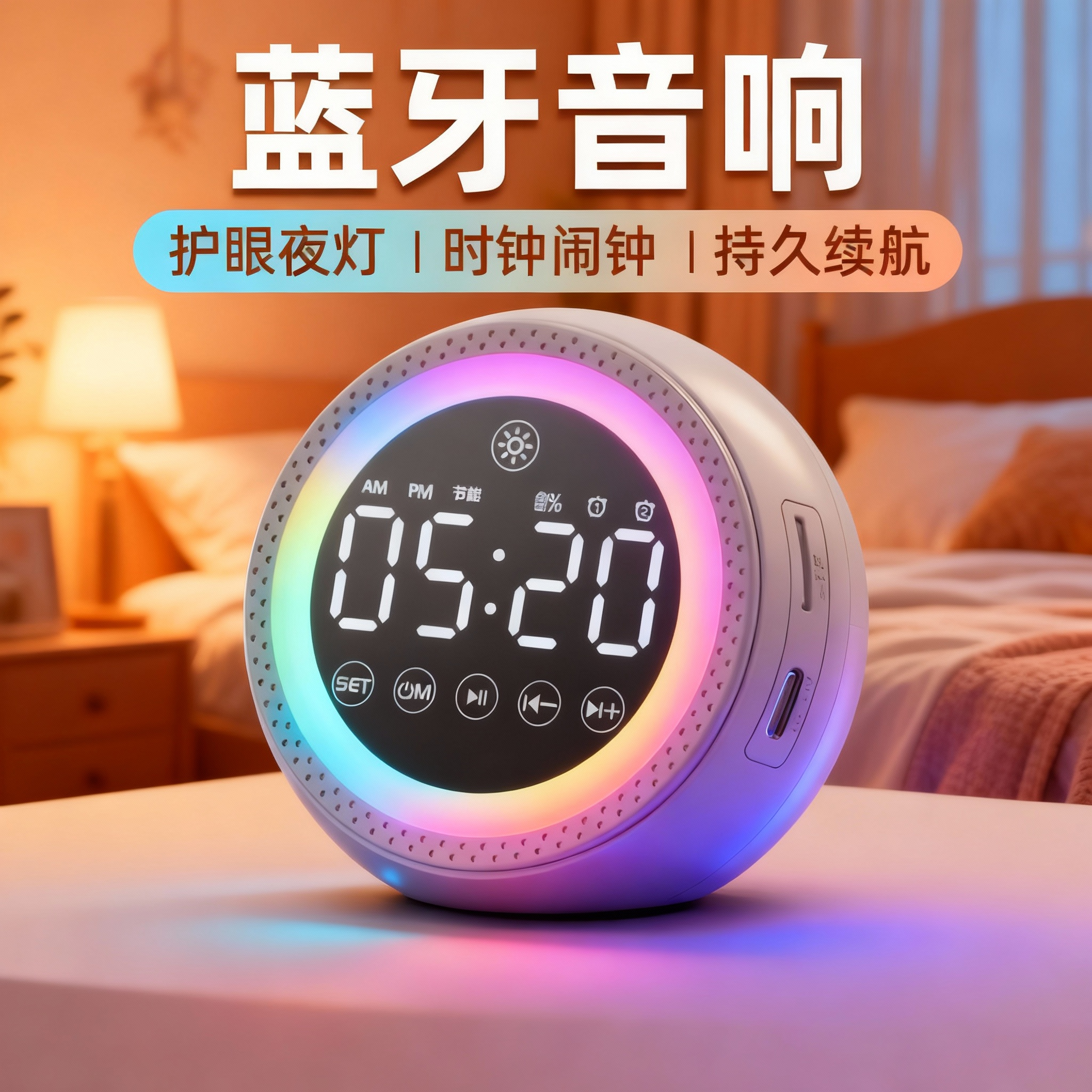 蓝牙音箱多功能闹钟炫彩小音响儿童学生无线小夜灯节能省电小音箱