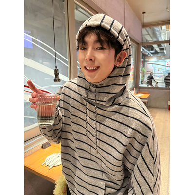 ESC MAN STUDIO/自制 秋冬新款CHIC慵懒风设计感拉绒条纹连帽卫衣