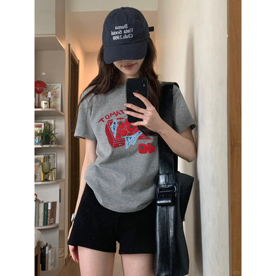 正肩圆领短袖T恤女2026新款印花显瘦设计感小众基础款大码上衣潮