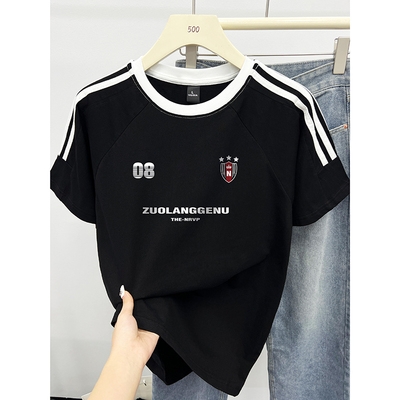 国潮牌三条杠纯棉短袖T恤男女同款情侣2024夏季新款宽松大码上衣