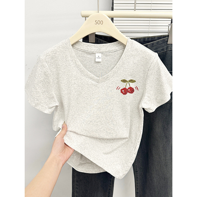 白灰色V领短袖T恤女装夏季新款韩版设计感时尚正肩显瘦修身上衣
