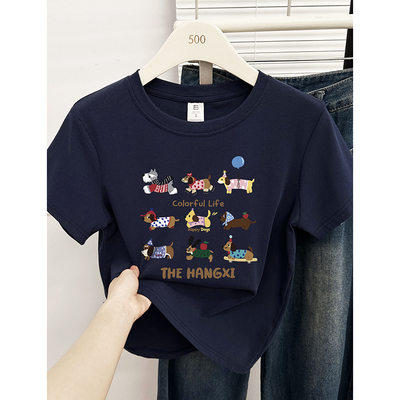 2025夏季新款圆领短袖T恤女韩版时尚卡通小狗印花正肩显瘦上衣潮