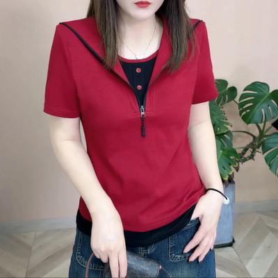 时尚洋气拉链短袖假两件打底