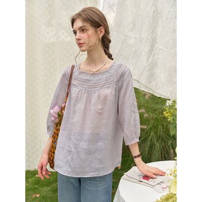 SimpleRetro紫雾麻语 100%苎麻文艺蕾丝方领衬衫女古着感打条小衫