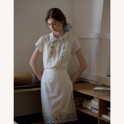 SimpleRetro铃兰花镜 精纺60支全棉法式娃娃领彩色割边绣套装裙子