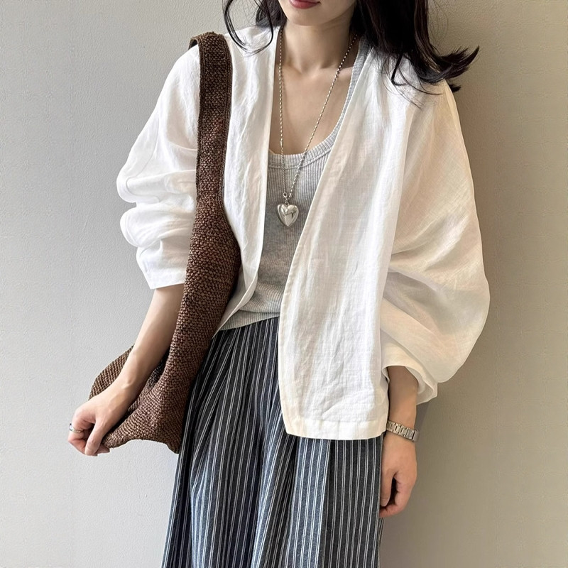 日系文艺复古亚麻长袖衬衫女夏季高级感轻奢苎麻防晒开衫外套上衣