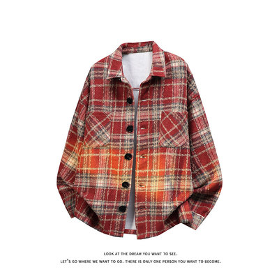 春秋季男外套衬衣衬衫潮牌复古休闲格子磨毛宽松