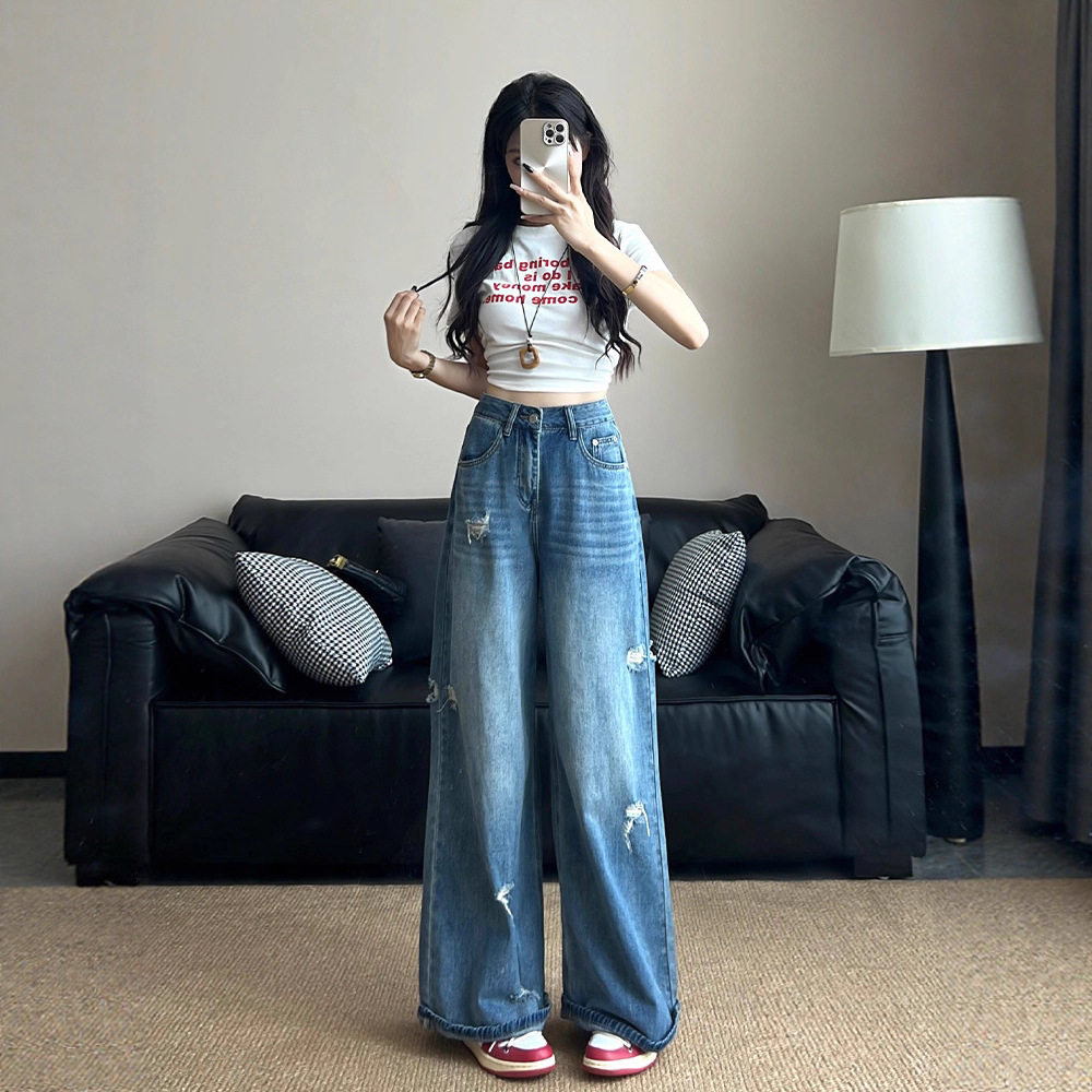 2026美式复古蓝破洞卷边设计阔腿牛仔裤女秋季新款高腰宽松直筒裤