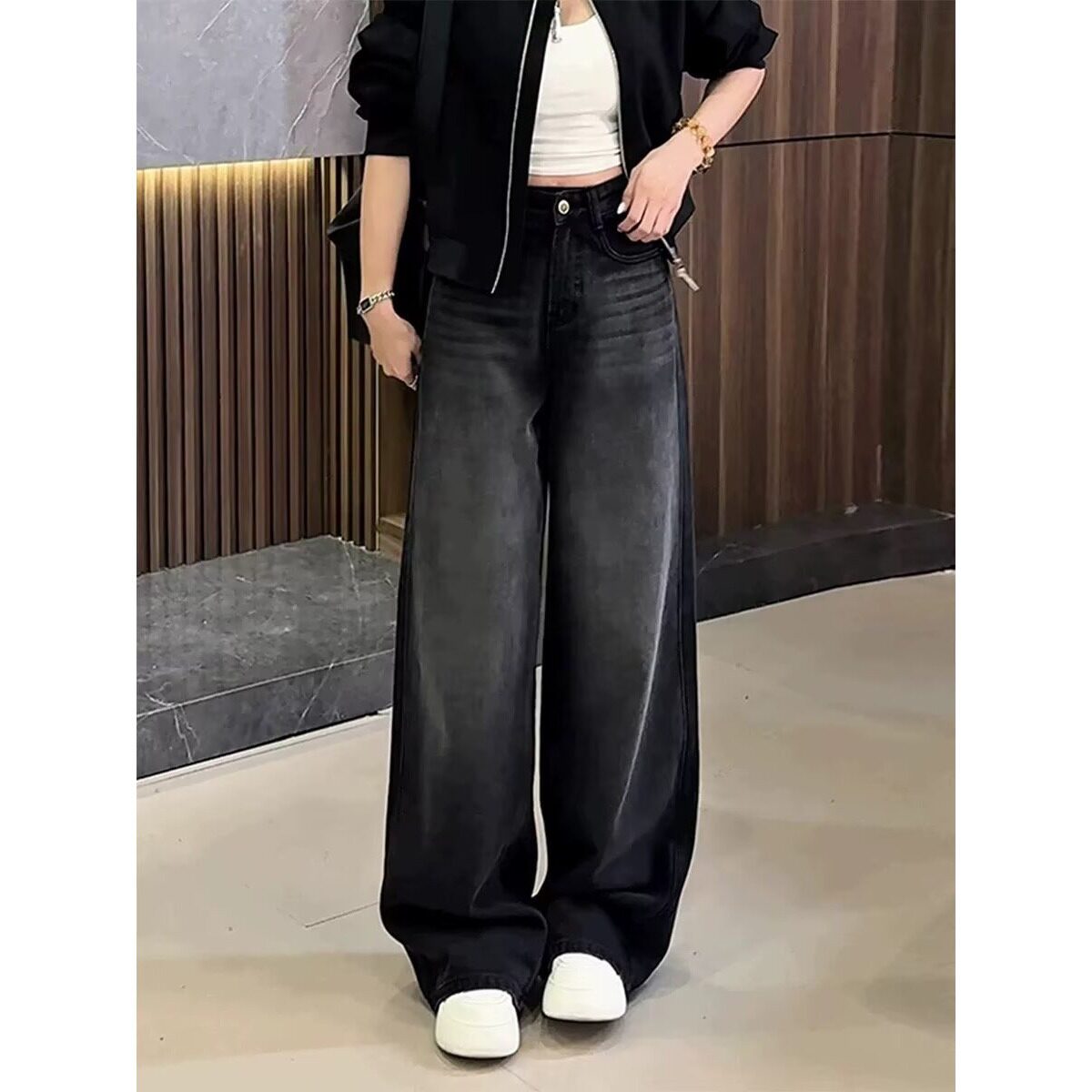 梨形身材复古烟黑色阔腿牛仔裤女秋冬季大码宽松高腰显瘦直筒长裤