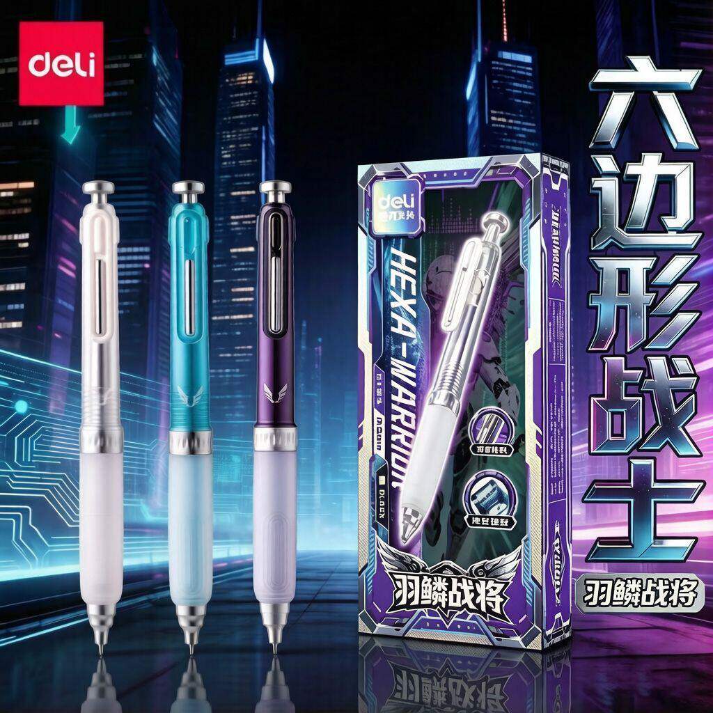 得力六边形战士羽鳞战将中性笔速干双球珠ST笔头学生用考试笔黑笔