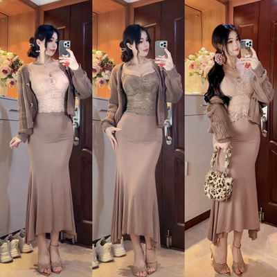 性感春款蕾丝吊带人妻风棕色套装