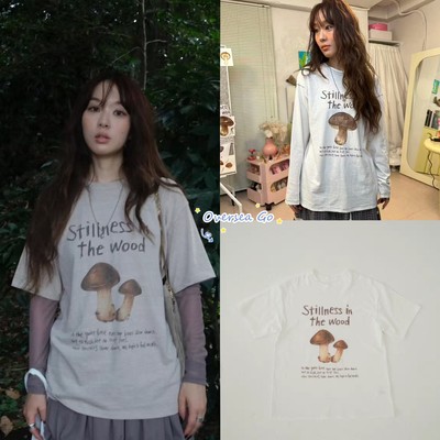 现货 fletta 25新款复古水洗做旧圆领蘑菇字母印花短袖/长袖T恤女