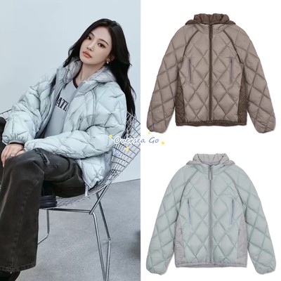 现货 Matin kim 宁艺卓同款休闲菱格纹保暖连帽羽绒服外套女