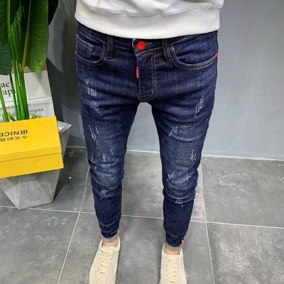 春秋时尚牛仔裤修身弹力做旧长裤