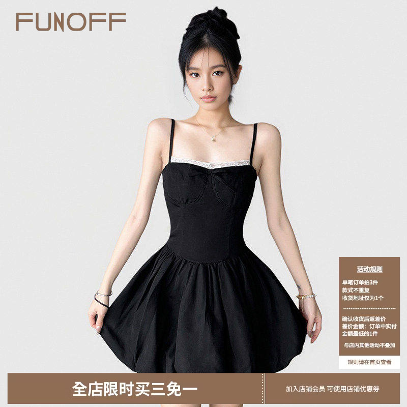 FUNOFF 法式赫本风黑色蕾丝拼接吊带花苞连衣裙复古千金气质短裙