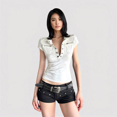 美式复古V领低胸白色短袖衬衫夏