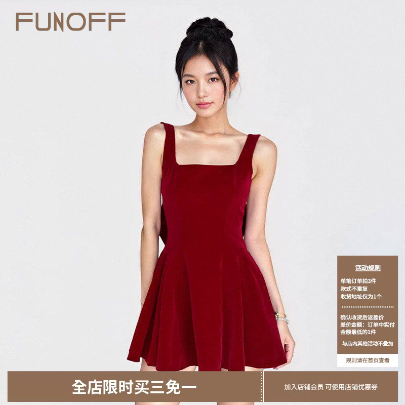 FUNOFF 法式千金风蝴蝶结露背吊带背心连衣裙2026夏新年收腰短裙