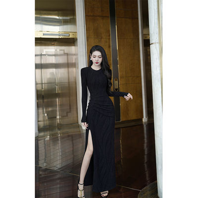 尤克菲儿原创设计高定亮丝褶皱针织轻奢气质优雅修身收腰连衣裙