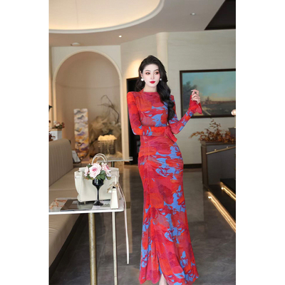 尤克菲儿 原创高定轻奢网布印花优雅秋季长裙气质连衣裙