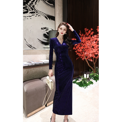 尤克菲儿  原创设计轻奢名媛高定丝绒烫片裙显瘦气质法式连衣裙