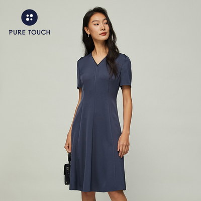 puretouch高端贵气V领法式简约礼服收腰丝感醋酸垂感中长连衣裙