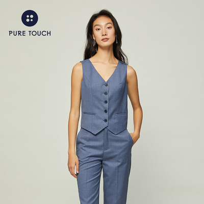 puretouch20春秋新品蓝色V领短款西装坎肩马夹女叠穿显瘦无袖上衣