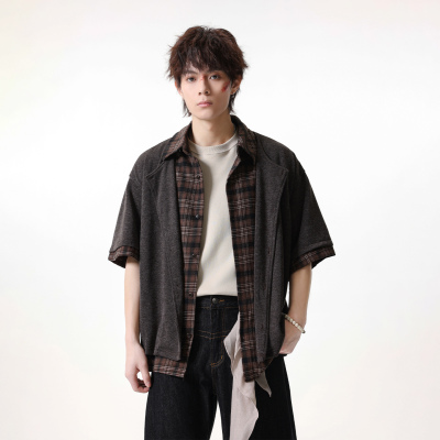 老钱风假两件针织短袖男衬衫