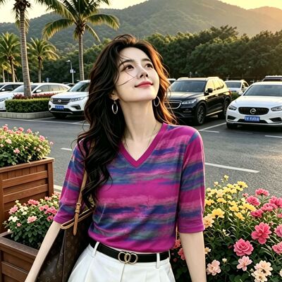 条纹印花中袖百搭显瘦上衣女