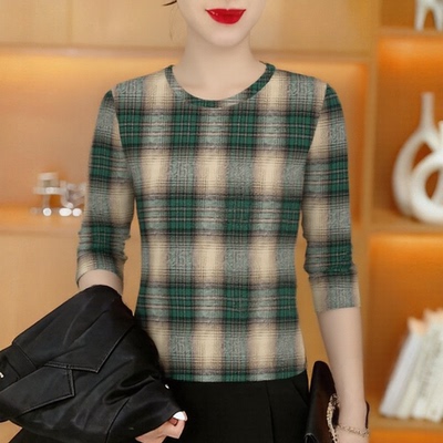 妈妈装格子长袖上衣减龄显瘦