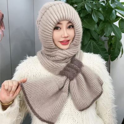 2024秋冬新款加绒风雪帽时尚百搭保暖加厚护耳围巾一体帽显脸小女