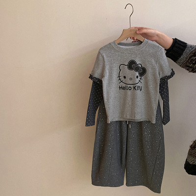 【安安家】女童韩系卡通波点假两件长袖T恤衫阔腿裤两件套R26088