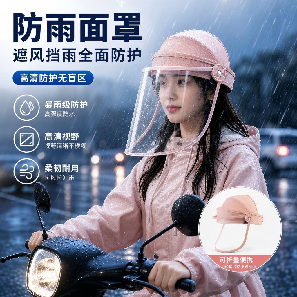 骑行防雨面罩户外遮雨帽骑电动车防雨防风帽女护脸透明面罩挡雨帽