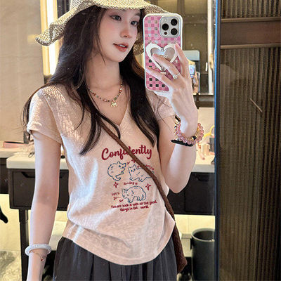韩系趣味猫咪字母印花V领T恤女夏季透气修身百搭短袖设计感上衣
