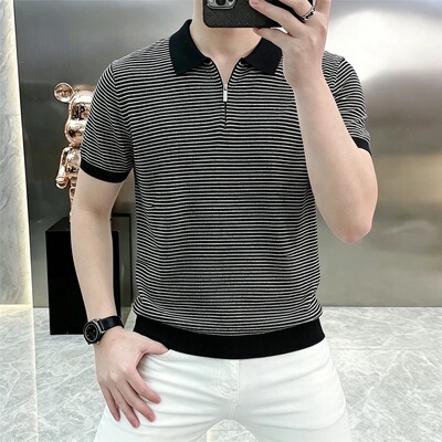 新款针织冰丝短袖POLO衫男士夏季翻领时尚休闲半袖条纹T恤潮F6195