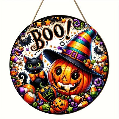 1pc2D flat Halloween theme round wooden sign, pumpkin head w