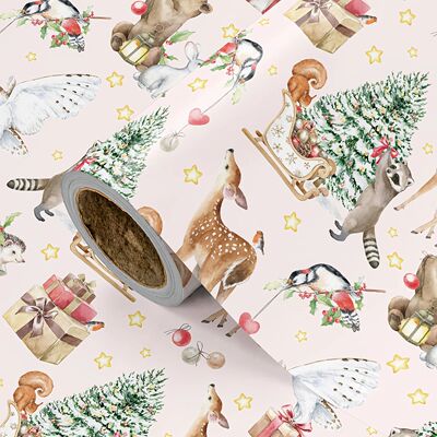 1 Roll of Pink Woodland Animal Gift Wrapping Paper, Watercol
